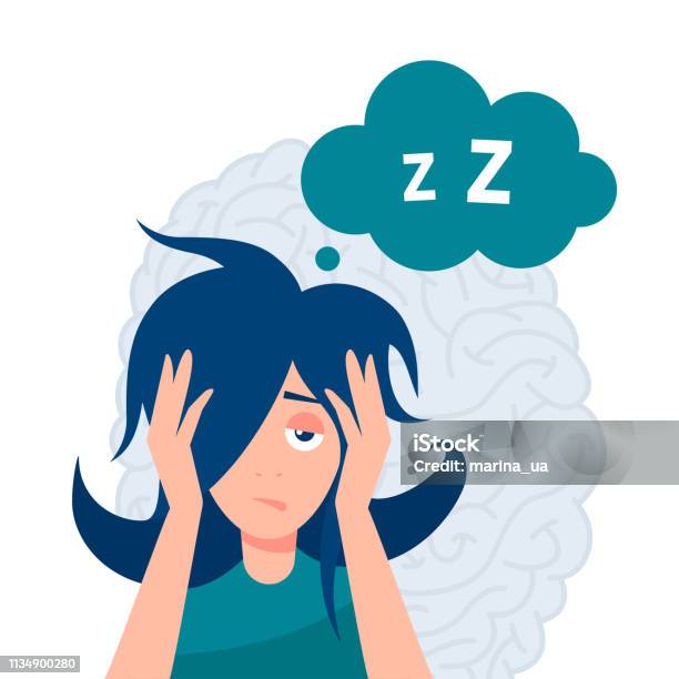단순 평면 스타일에서 불면증 벡터 개념 Mental Wellbeing에 대한 스톡 벡터 아트 및 기타 이미지 Mental