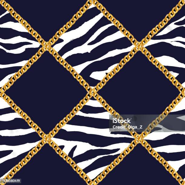 Rantai Emas Glamor Zebra Kotakkotak Ilustrasi Pola Mulus Tekstur Cat