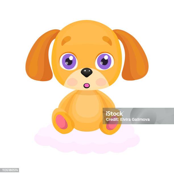 Tatlı Bir Pembe Bulutta Oturan Sevimli Küçük Kırmızı Köpek Karikatür