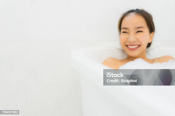 Portrait Beautiful Young Asian Woman Relaxing Bathtub In Bathroom