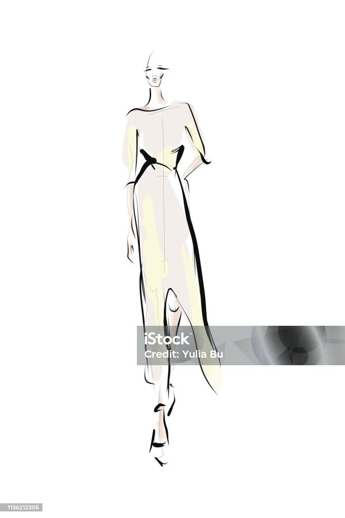 Handdrawn Fashion Illustration Young Woman Girl Model Stock
