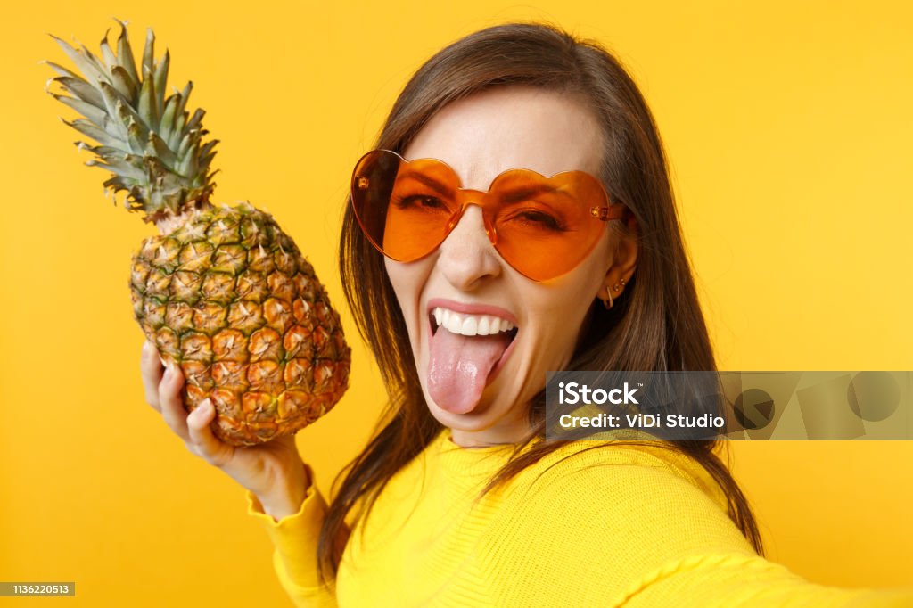 Close Up Selfie Shot Of Crazy Young Woman In Heart Glasses Showing
