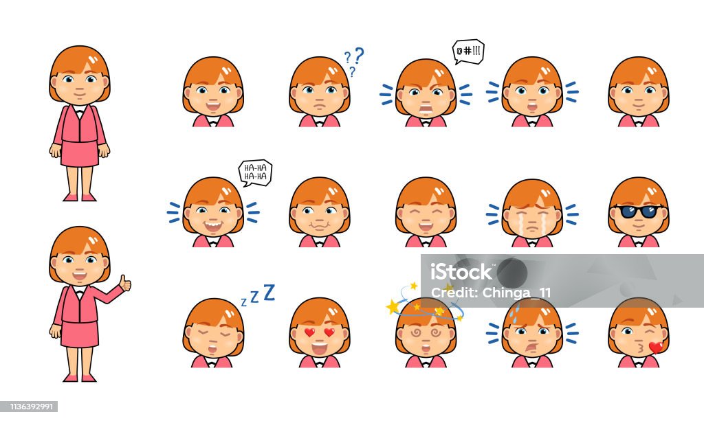 Set Of Chibi Woman Emoticons Kawaii Businesswoman Emojis Showing