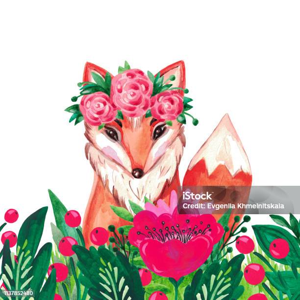 Illustration À Laquarelle Dun Renard Roux Et Une Couronne De Fleurs