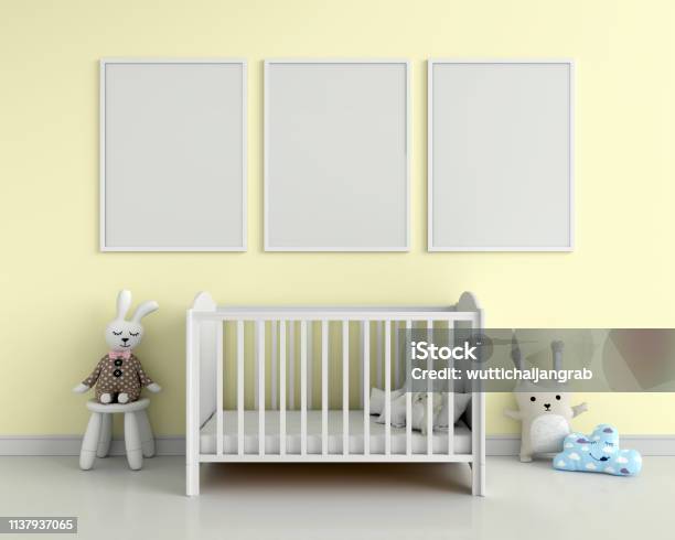 Tiga Bingkai Foto Kosong Untuk Mockup Di Dinding Rendering 3d Foto Stok