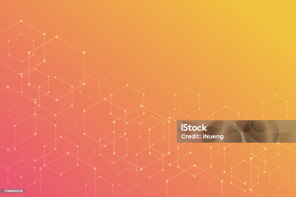 Abstract Hexagonal Molecular Structures On Orange Background With Copy