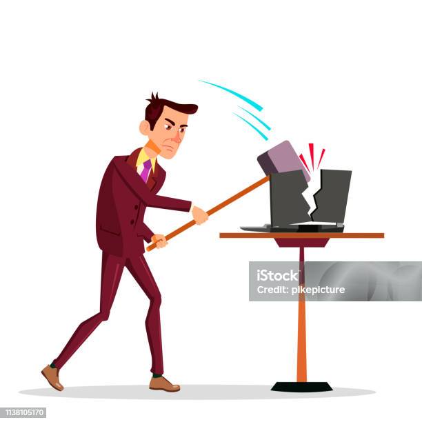 Stressful Businessman Breaking His Laptop With Big Hammer Vector Flat ... Stressful Businessman Breaking His Laptop With Big Hammer Vector Flat ...