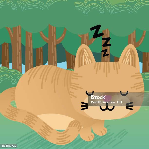 Cute Cartoon Gember Kat Is Slapen Kind Tekening Stockvectorkunst En