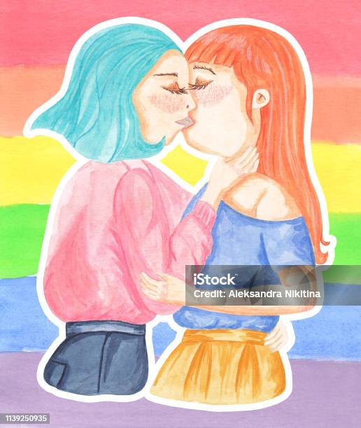 Ilustración De Mujeres Lesbianas Enamoradas Pareja Romántica Besándose