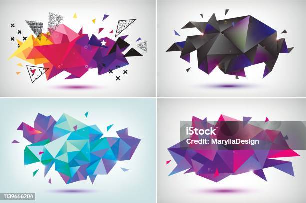 Vektor Set Bentuk 3d Aspek Abstrak Spanduk Geometris Poster Segitiga