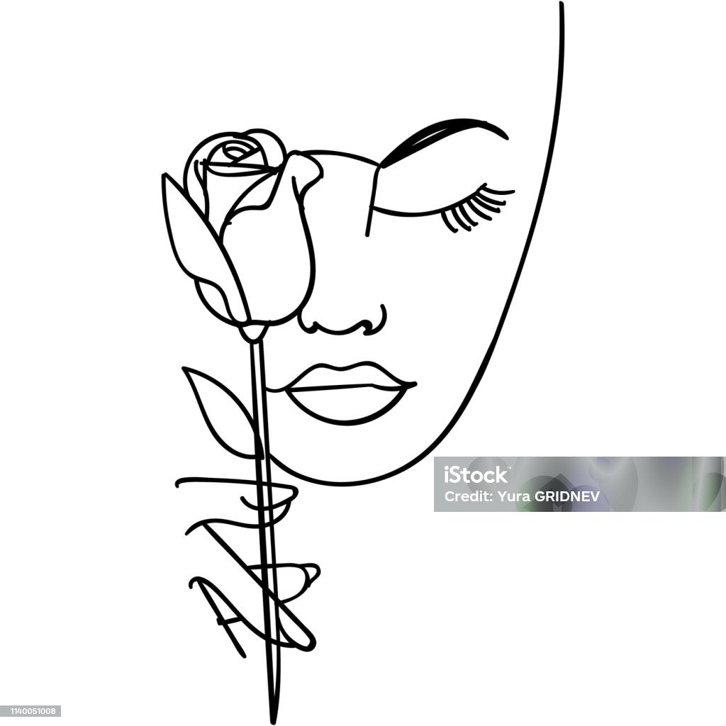 Woman Face With Rose Flower Continuous Line Drawing Vector Illustration