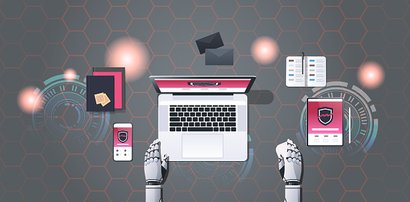 Robot Hacking Digital Devices Computer Hacker Bot Concept Data Privacy Attack Internet