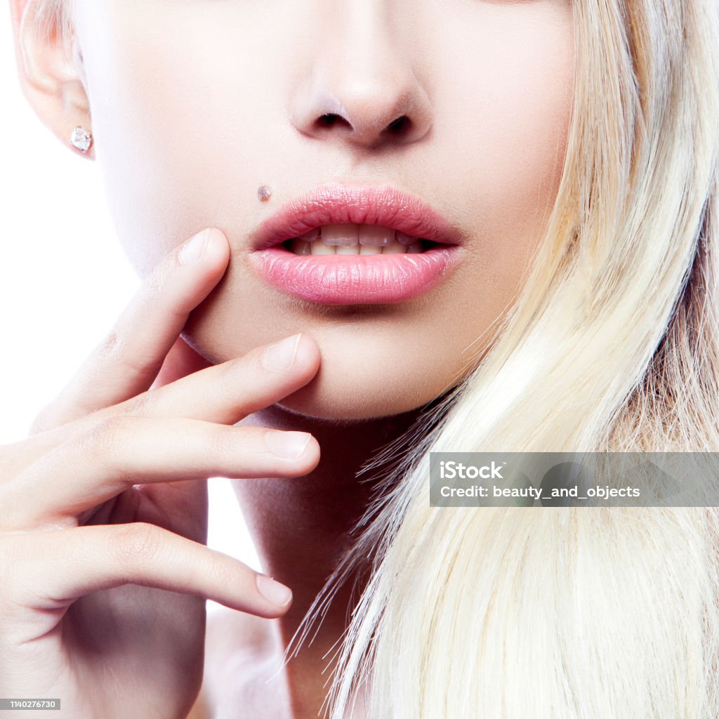 Beauty Girl Part Of Girl Face Lips Hand Fingers Near Mouth Clean Skin