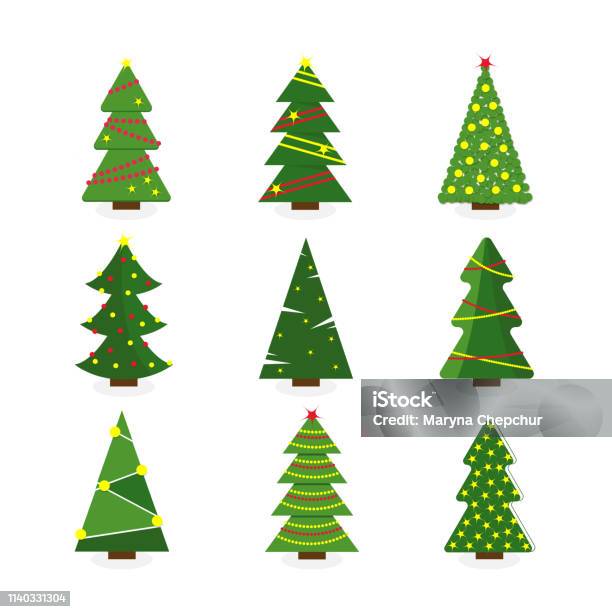 Ensemble Darbre De Noël Coloré De Dessin Animé Design Plat Différent