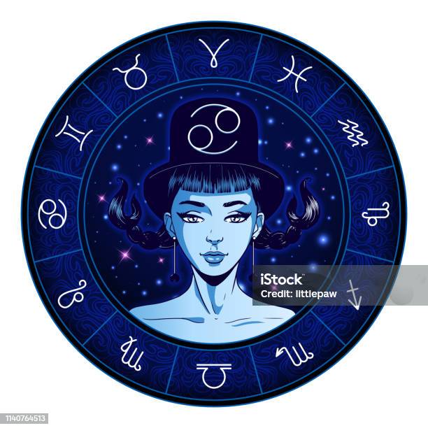 Ilustración De Arte De Signo Del Zodiaco Del Cáncer Cara De Chica