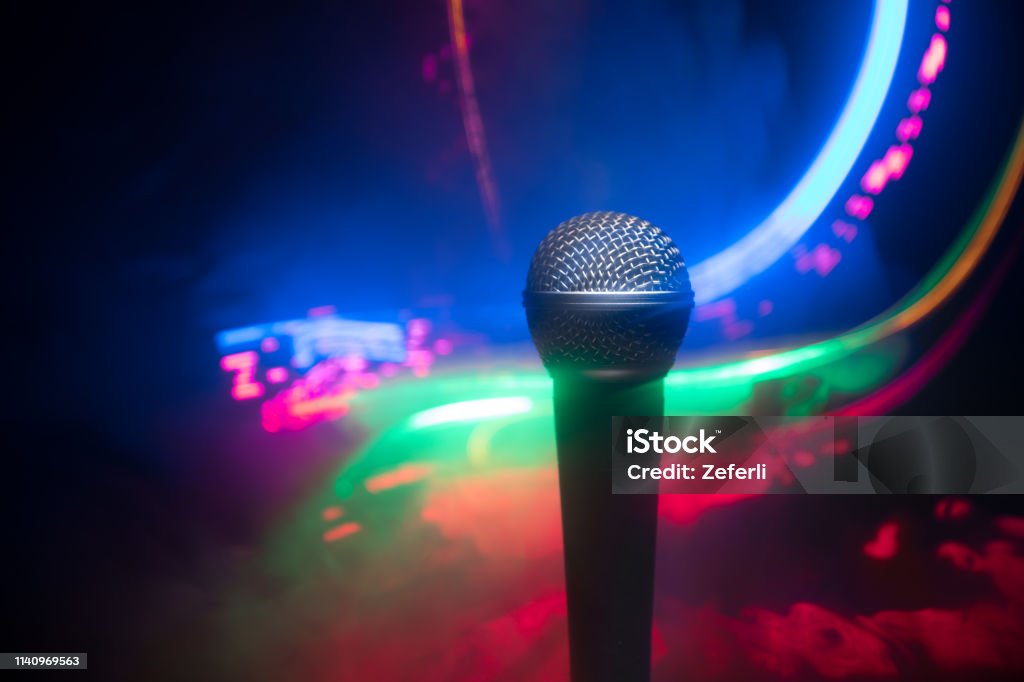 Microphone Karaoke Concert Vocal Audio Mic In Low Light With Blurred