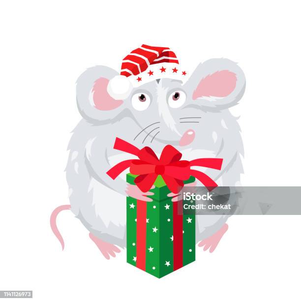 Tikus Kecil Yang Lucu Dengan Topi Merah Dengan Kotak Hadiah Hijau Besar