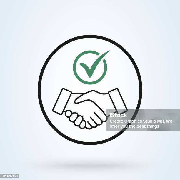 Commitment Thin Line Icon Handshake Shield Check Mark Icon Vector Trust Commitment Business