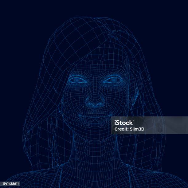 Potret Poligonal Seorang Gadis Dengan Rambut Panjang Gadis Wireframe