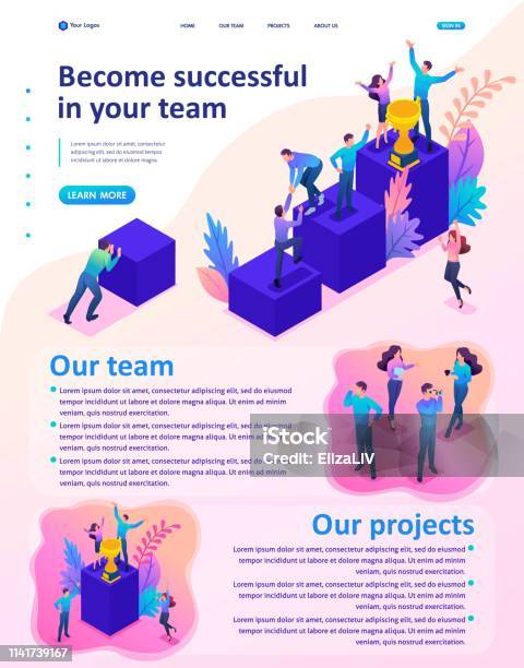 Halaman Arahan Template Situs Web Isometrik Bright Konsep Tim Muda Yang