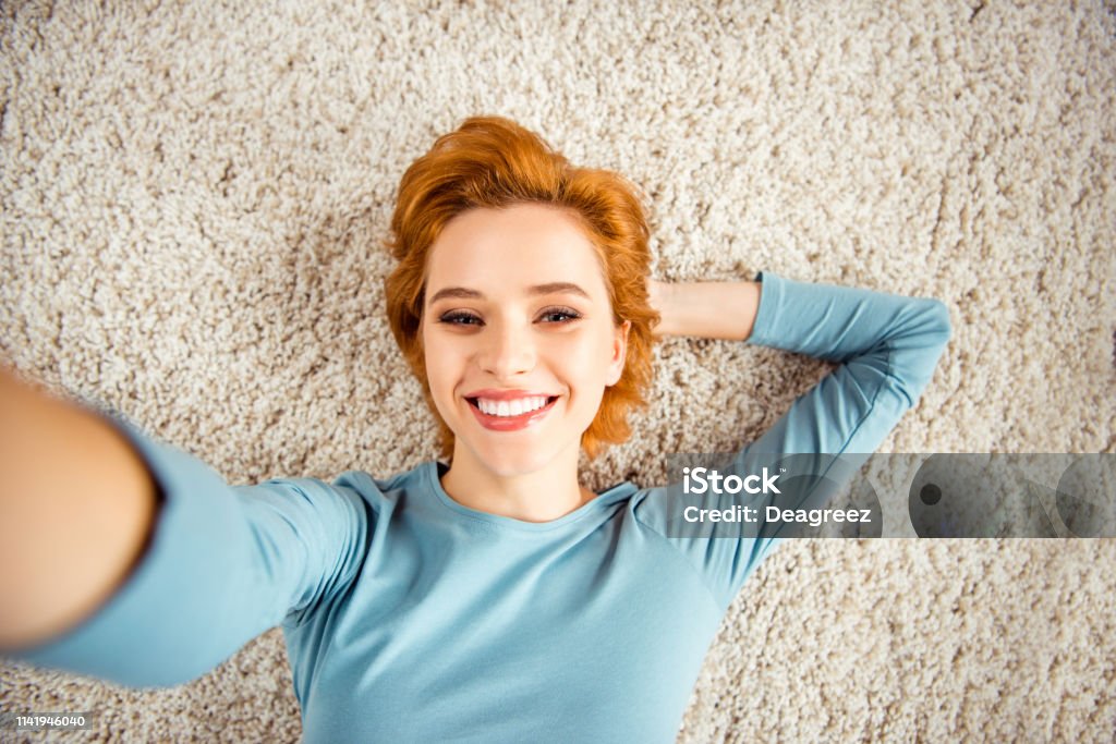 Close Up Photo Amazing Beautiful She Her Lady Hands Arms Behind Head Make Take Selfies Toothy