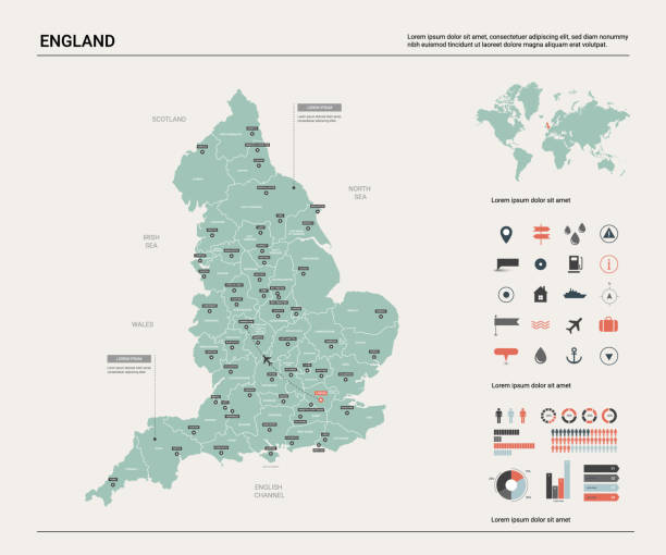 Vector map of England. High detailed country map with division, cities ...
