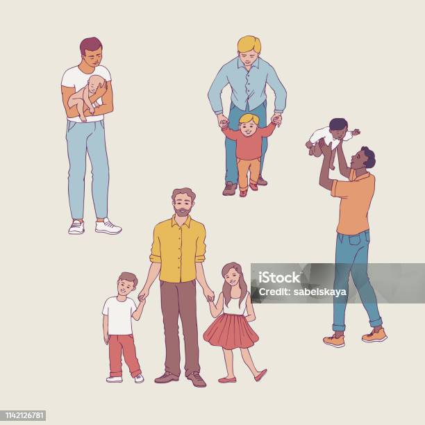 Vektorillustration Satz Von Vätern Mit Ihren Kindern Auf Weißem