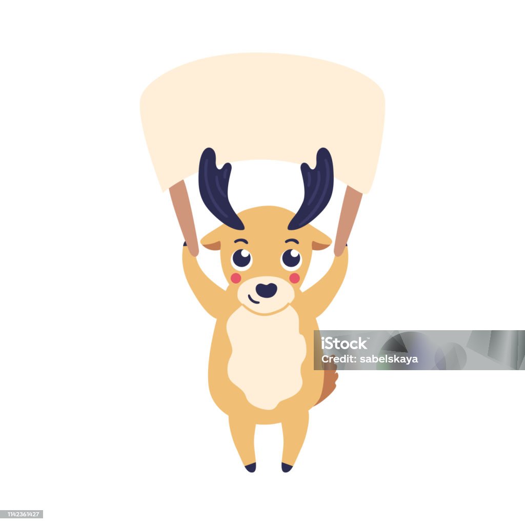 Ilustrasi Vektor Rusa Kartun Memegang Papan Nama Kosong Dengan Dua Tangan Di Atas Kepalanya