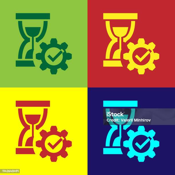 Color Hourglass And Gear Icon Isolated On Color Backgrounds Time