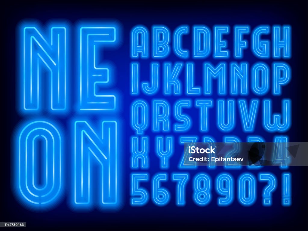 Font Alfabet Neon Biru Huruf Dan Angka Huruf Besar Bola Lampu Retro