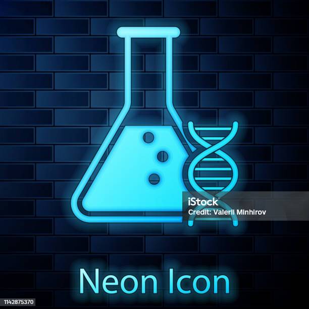 Gloeiende Neon Dnaonderzoek Zoek Icoon Geïsoleerd Op Bakstenen Muur