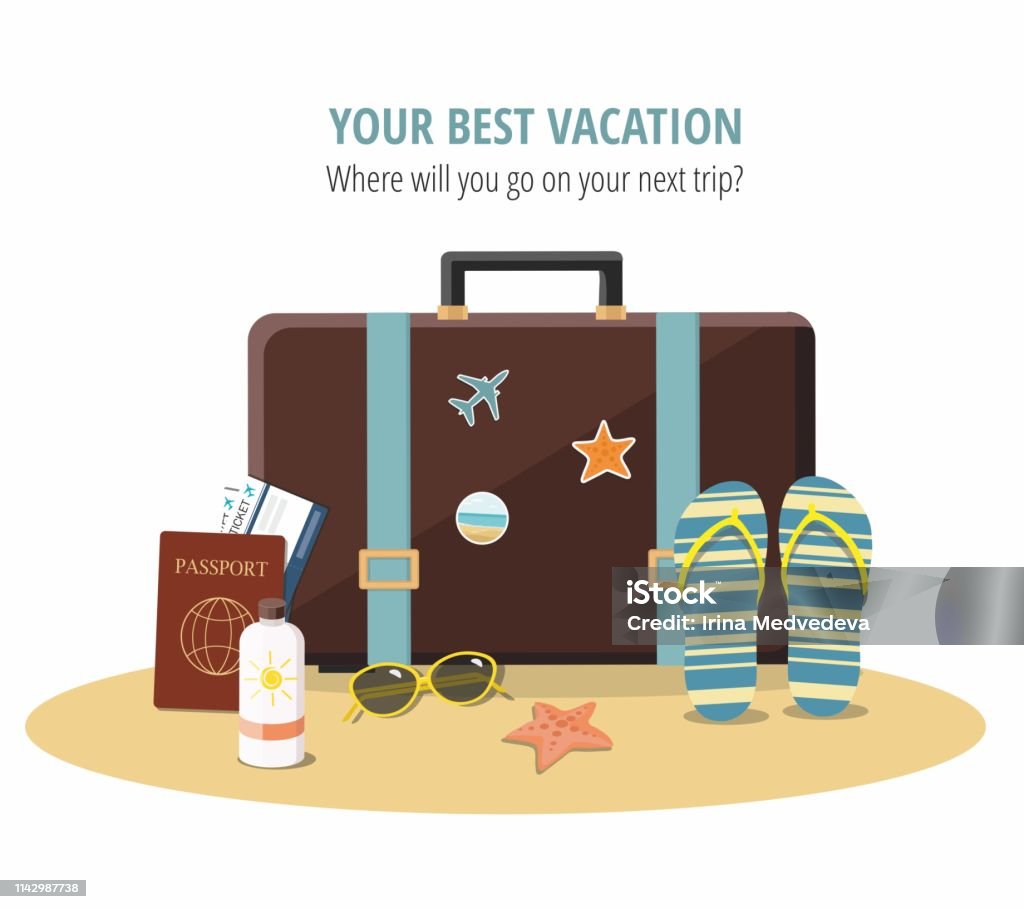 Summer Suitcase Beach Accessories Passports And Tickets On Beach Travel