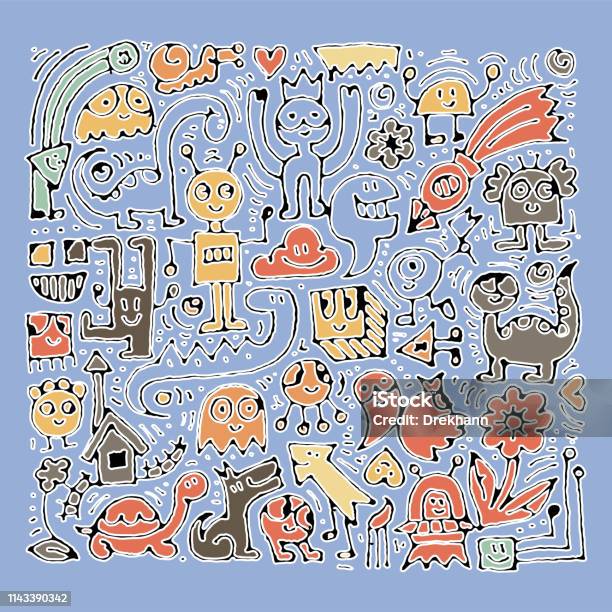 Dessin Animé Mignon Doodles Dessiné À La Main Grunge Illustration