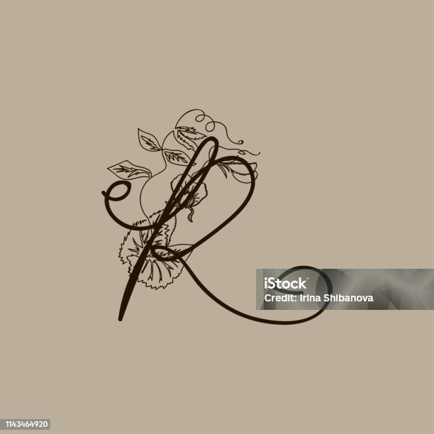 Vector Hand Drawn Floral R Monogram Atau Logo Huruf Besar Tangan Huruf