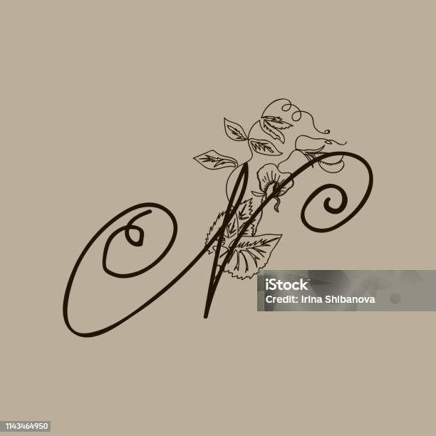 Vector Hand Drawn Floral N Monogram Atau Logo Huruf Besar Tangan Huruf