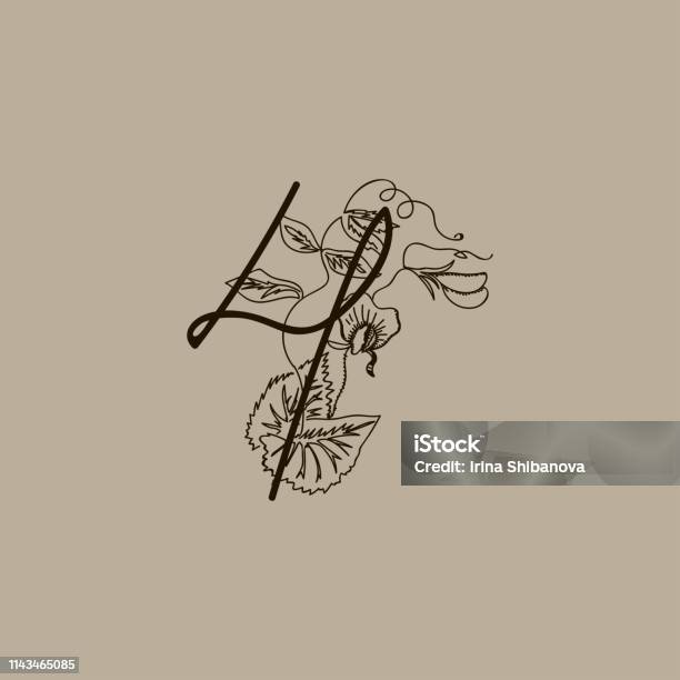 Vector Hand Drawn Floral Nomor 4 Monogram Atau Logo Angka Dengan Bunga