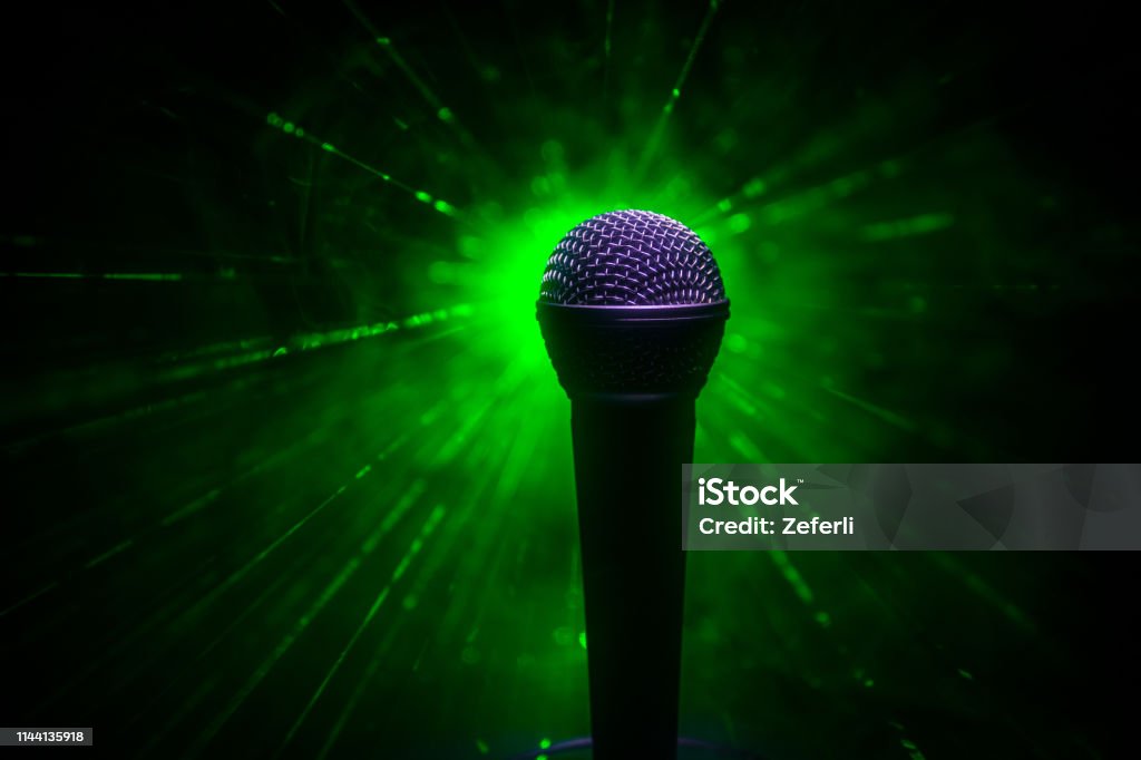 Microphone Karaoke Concert Vocal Audio Mic In Low Light With Blurred