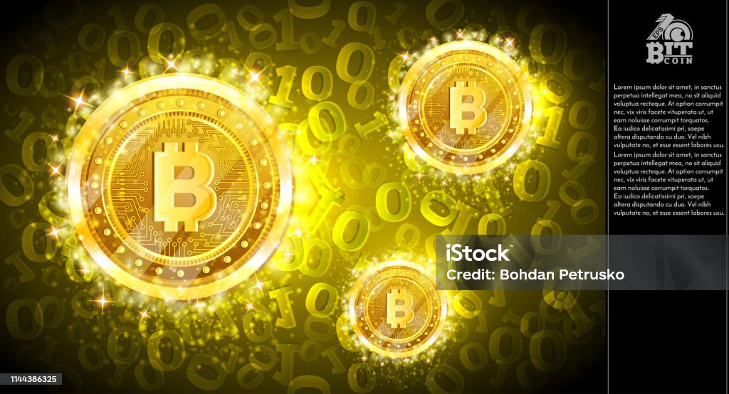 Golden Bit Coins Flying On Yellow Horizontal Background With Binary