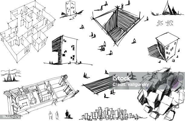 Ilustración De Muchos Bocetos Arquitectónicos De Una Arquitectura