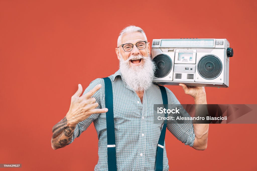 Happy Senior Man Listening To Music With Boombox Outdoor Crazy Hipster