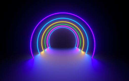 Ruang Beton Scifi Futuristik Dengan Neon Bercahaya Portal Realitas