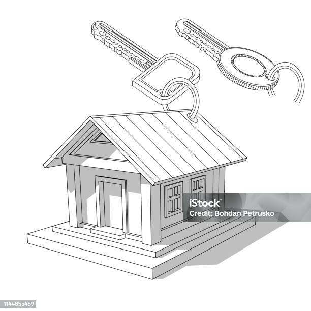 Sketsa Gambar Isometrik Rumah Pribadi Dengan Kunci Terisolasi Di Atas