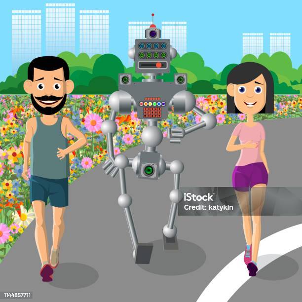 Ilustración De Jovencito La Mujer Juega A Los Deportes Con Un Robot Y Más Vectores Libres De