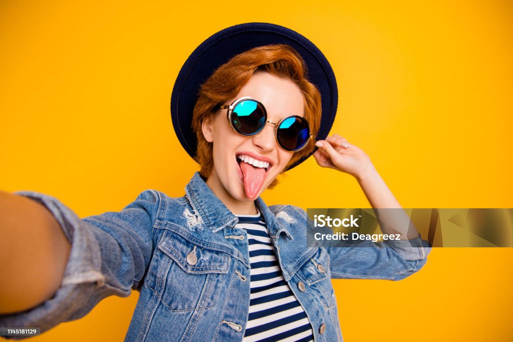 Close Up Photo Funny Funky Attractive She Her Lady Make Take Selfies