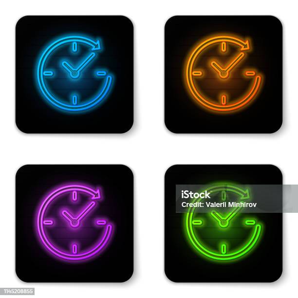 Gloeiende Neon Klok Met Pijl Icoon Geïsoleerd Op Witte Achtergrond Tijd