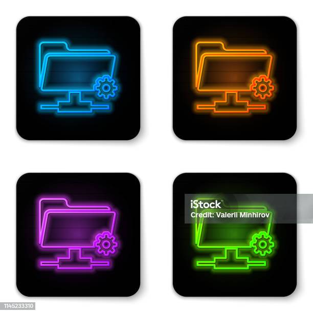 Ikon Folder Pengaturan Ftp Neon Bercahaya Dengan Latar Belakang Putih