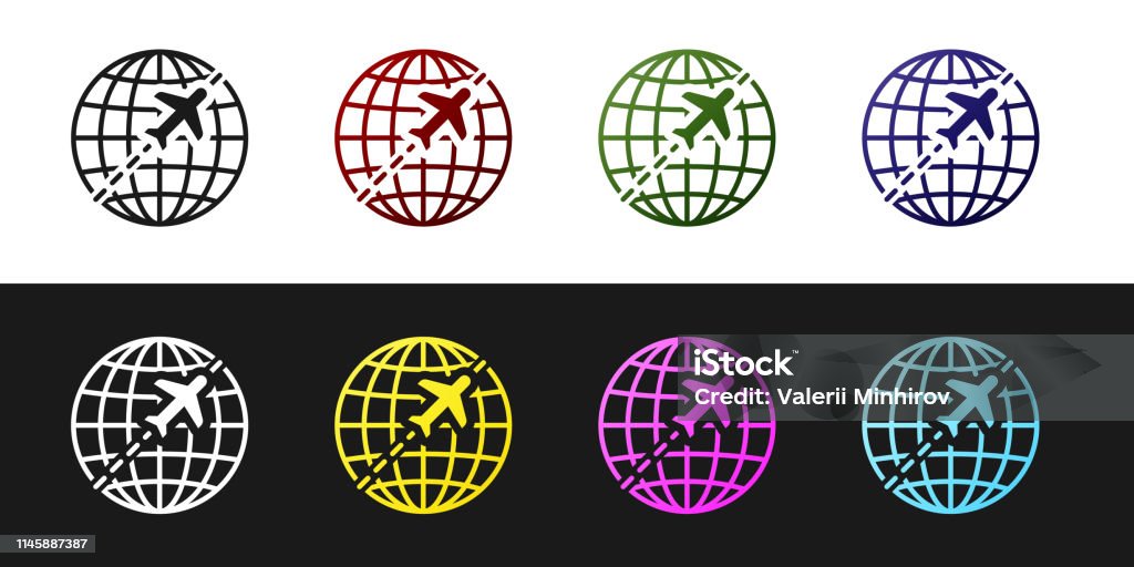 Siyah Ve Beyaz Arka Planda Izole Uçan Düzlem Simgesi Ile Globe ... Siyah Ve Beyaz Arka Planda Izole Uçan Düzlem Simgesi Ile Globe ...