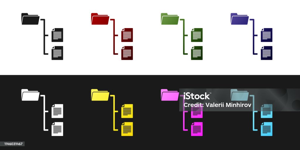 Set Folder Tree Icon Isolated On Black And White Background Computer Network File Folder