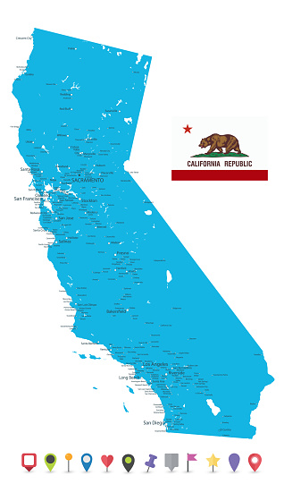 Carte De Létat De Californie Et Des Icônes De Carte Plate Vecteurs