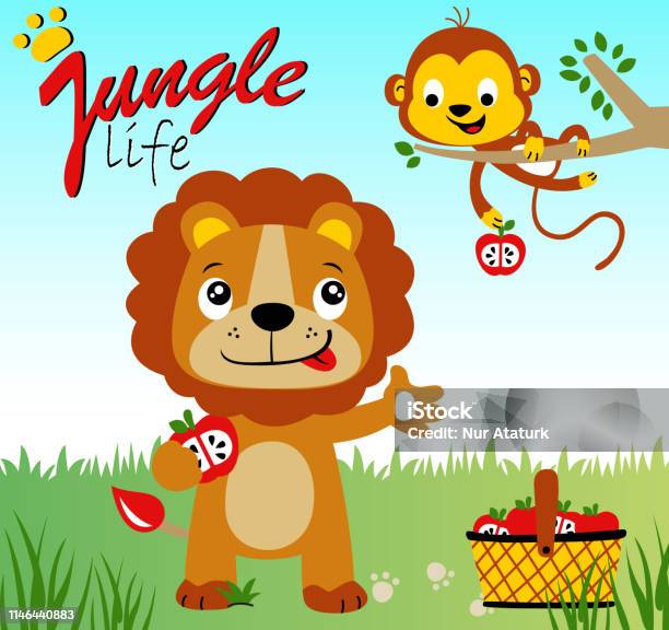 Hutan Hidup Dengan Singa Dan Monyet Panen Buahbuahan Ilustrasi Kartun Vektor Ilustrasi Stok